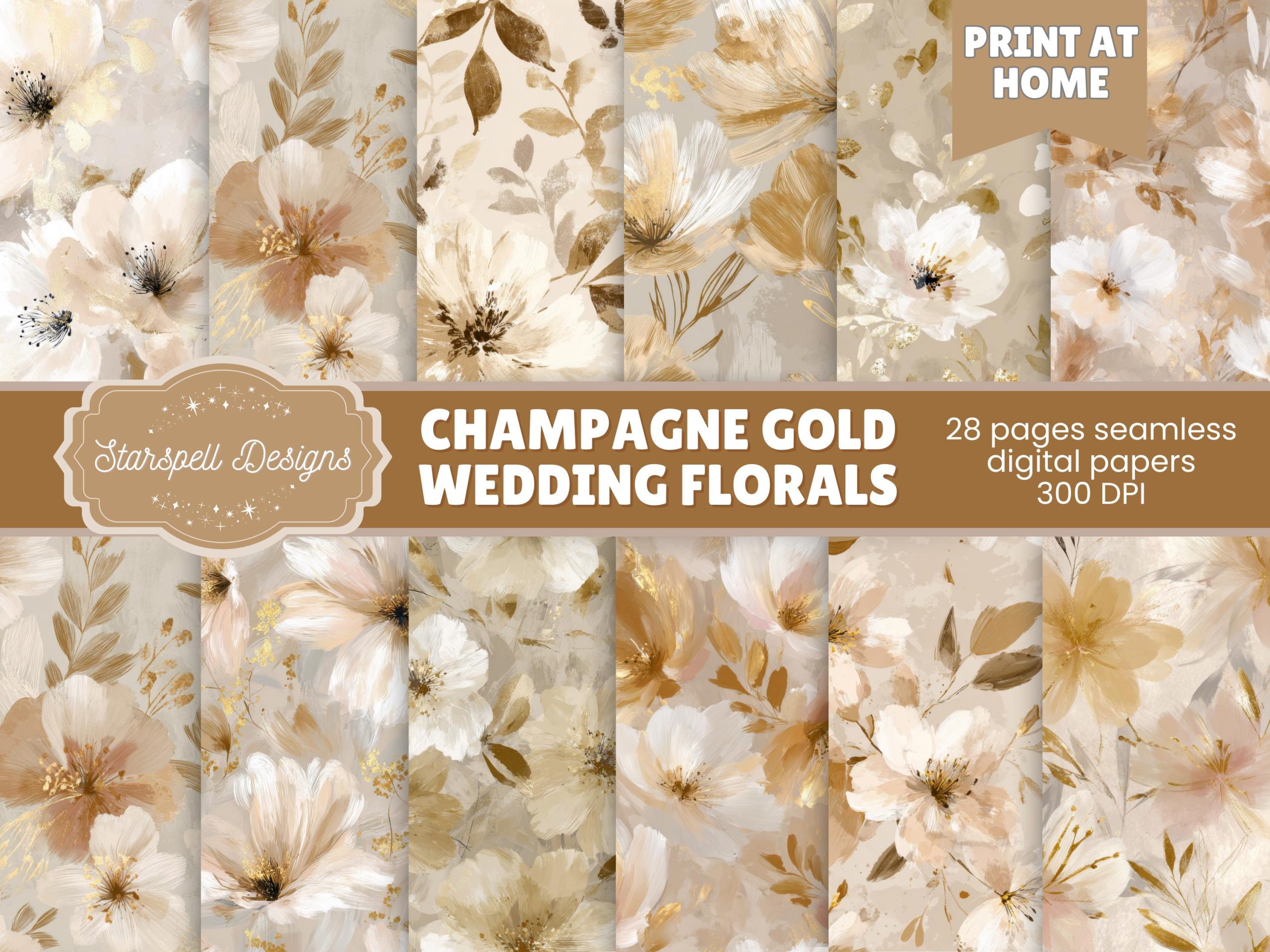 Champagne Gold Wedding Floral Seamless Patterns | 28 Elegant Bridal ...